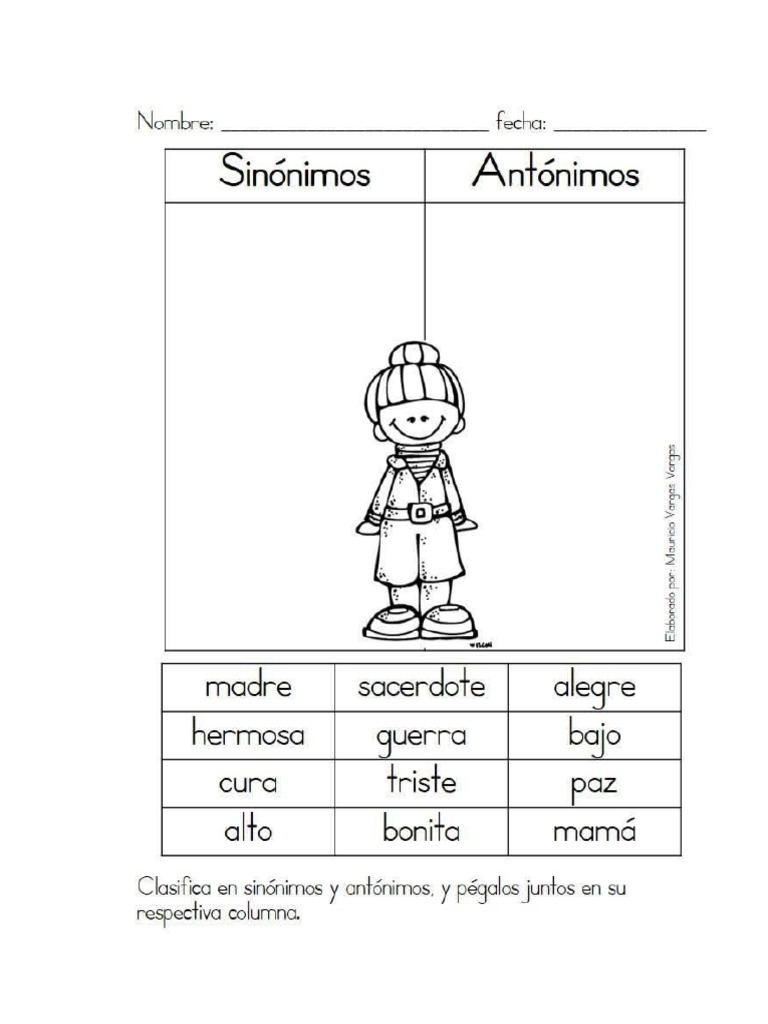 hoja de trabajo sinonimos y antonimos. | PDF