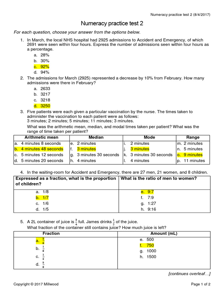 Answers Numeracy Practice Test 2 0 Mock | PDF | Percentage | Health Care