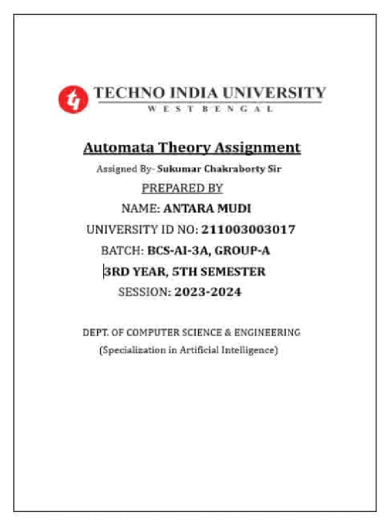 Automata Theory Assignment-1 | PDF | Theory Of Computation | Artificial Intelligence