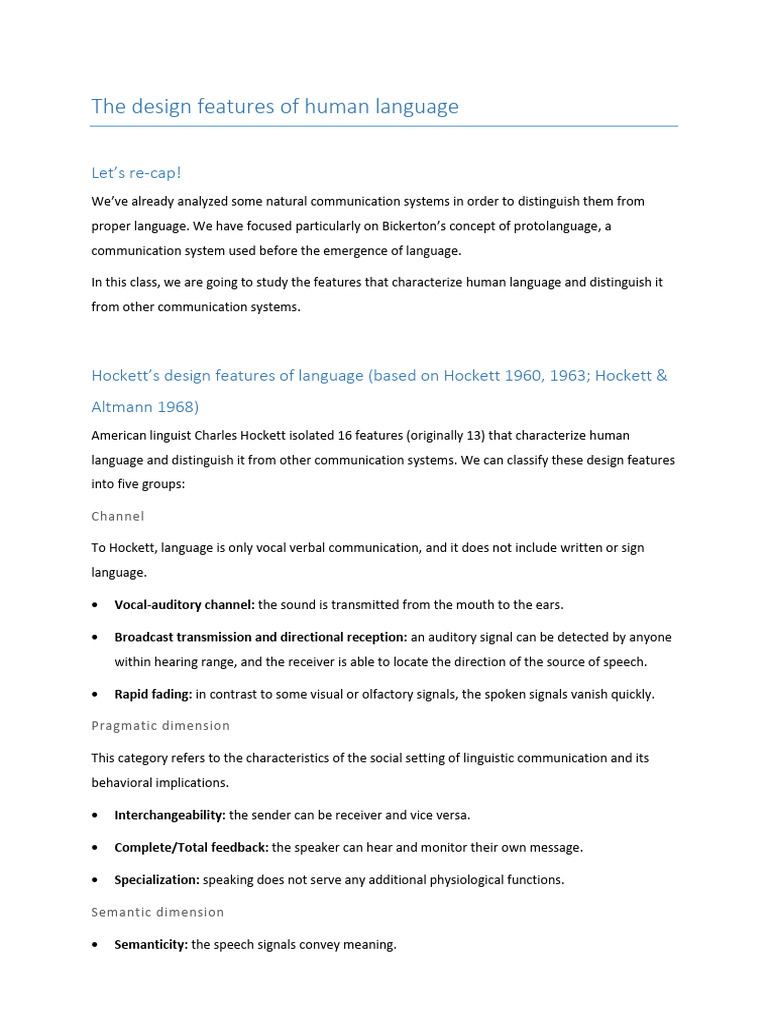 Hockett's Design Features of Language - Class Notes | PDF ...