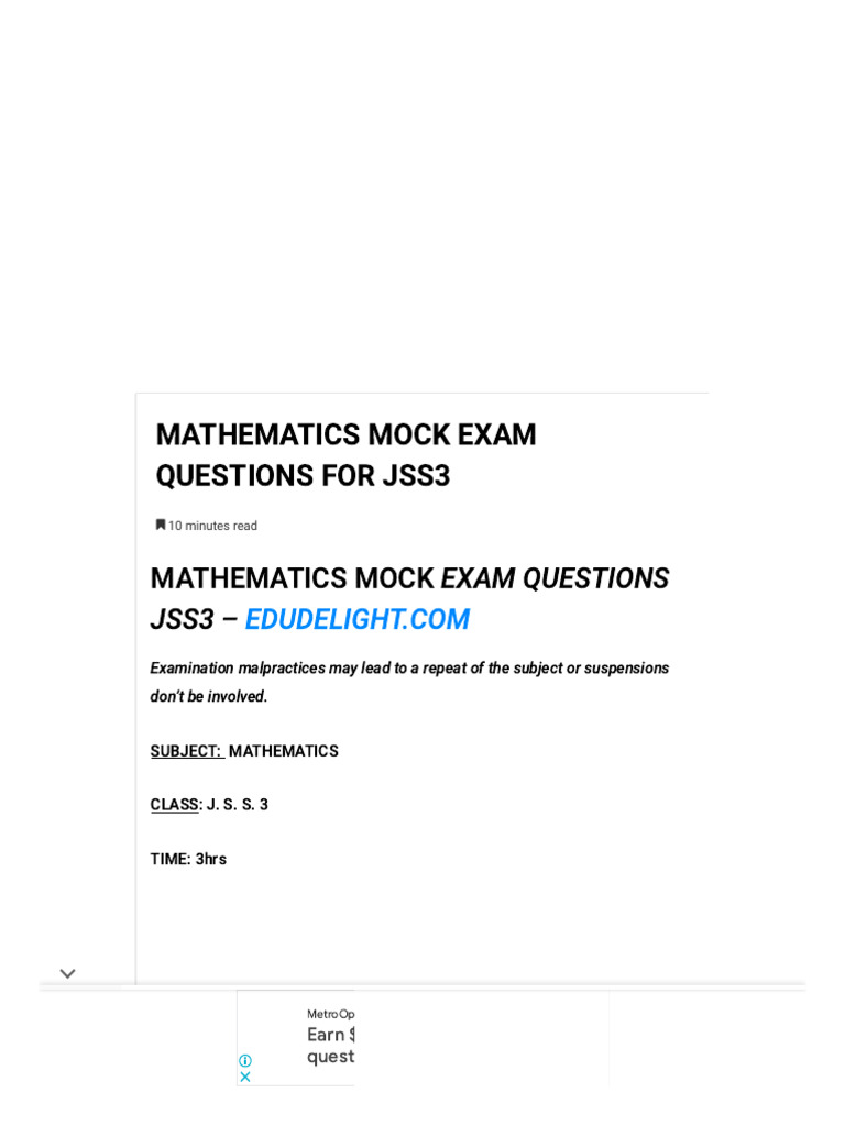 Mathematics Mock Exam Questions For JSS3 | PDF | Arithmetic Mean | Area