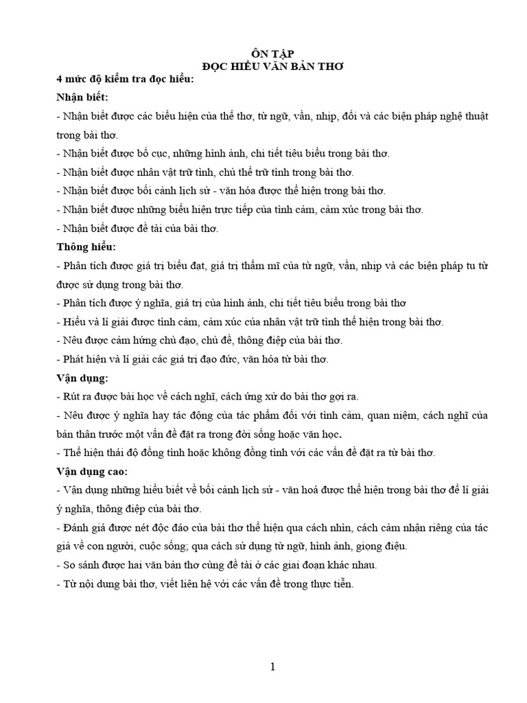 1. ÔN TẬP ĐỌC HIỂU VĂN BẢN THƠ | PDF