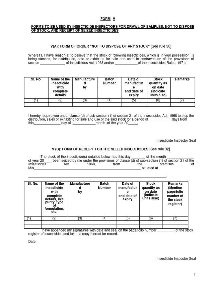 Form V Forms To Be Used by Insecticide Inspectors For Drawl of Samples Not To Dispose of Stock ...