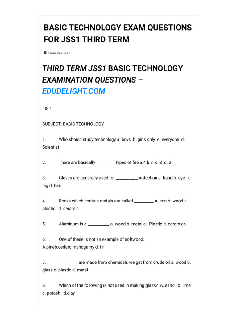 Basic Technology Exam Questions For JSS1 Third Term | PDF | Metals ...