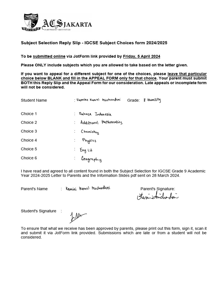 IGCSE Subject Selection Reply Slip and Appeal Form For AY 2024-2025 2 | PDF