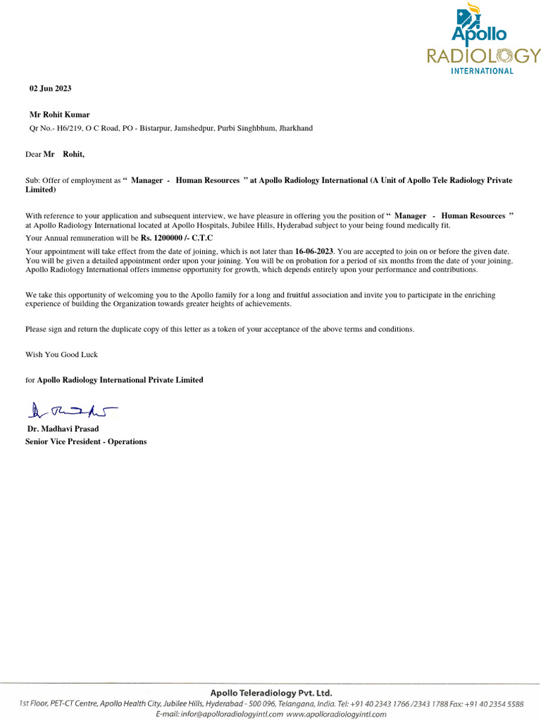Rohit Kumar - Offer Letter | PDF | Business | Labor