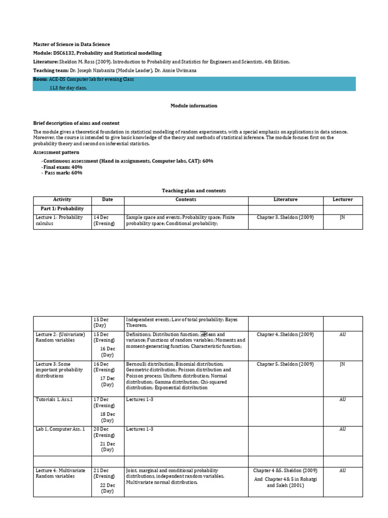 Teaching Plan Proba and Statistics | PDF | Probability Distribution | Statistics