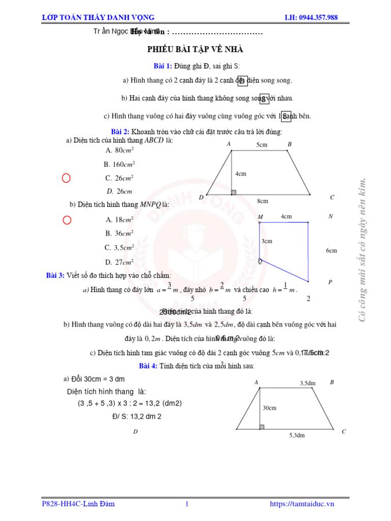 Tuan 26 - Cd4-Hh-bai 3 - Hinh Thang - Dien Tich Hinh Thang-Btvn | PDF