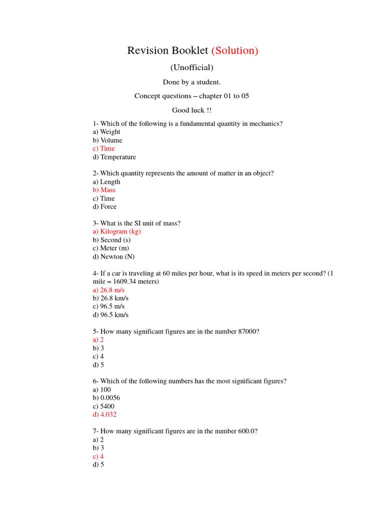 Revision Booklet SOLUTION | PDF | Force | Acceleration
