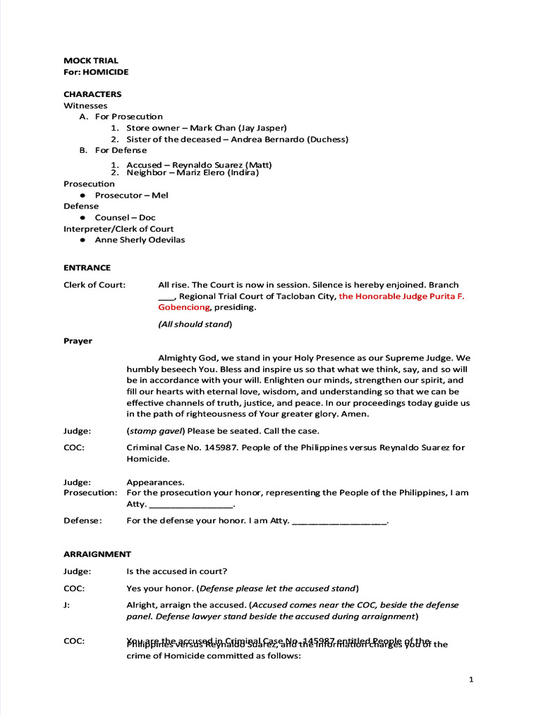 PDF Mock Trial Script For Homicide - Compress | PDF