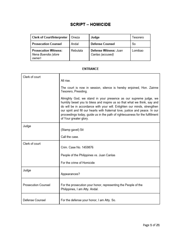 Script - Homicide | PDF | Witness | Plea