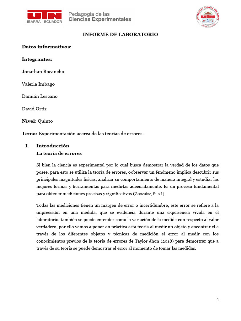 INFORME DE LABORATORIO | PDF | Medición | Experimentar