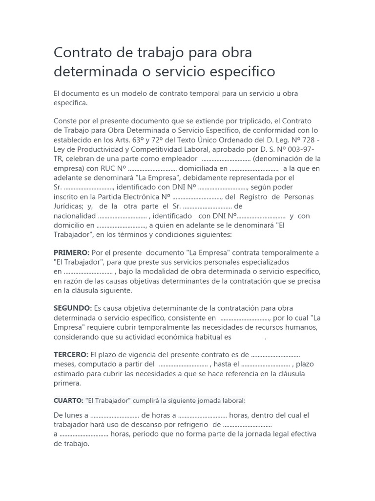Contrato de Trabajo para Obra | PDF | Derecho laboral | Business