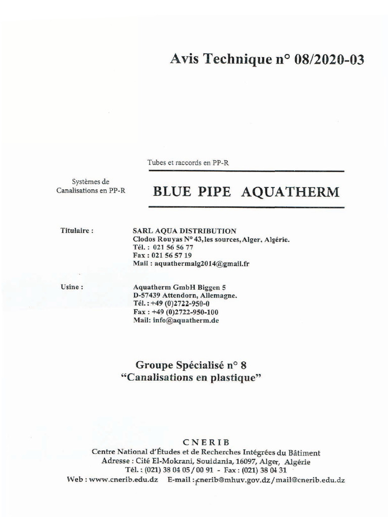 Avis Technique CNERIB BLUE PIPE AQUATHERM | PDF