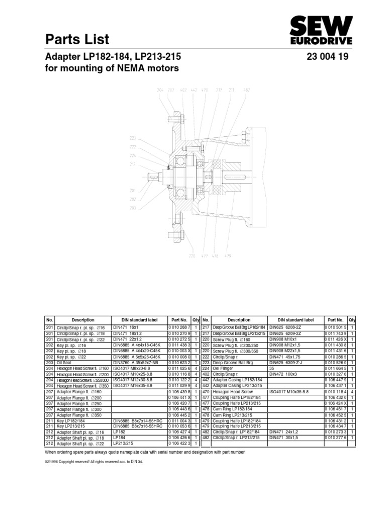 Parts List: Adapter LP182-184, LP213-215 23 004 19 For Mounting of NEMA ...