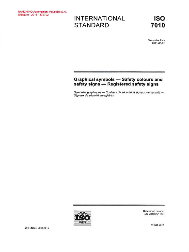 UNI EN ISO 7010 - Segni Grafici, Colori e Segnali Di Sicurezza, Segnali Di Sicurezza Registrati ...