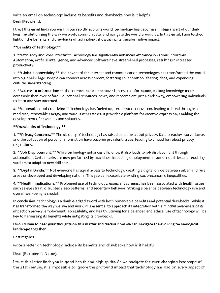 Write An Email On Technology Include Its Benefits and Drawbacks How Is ...