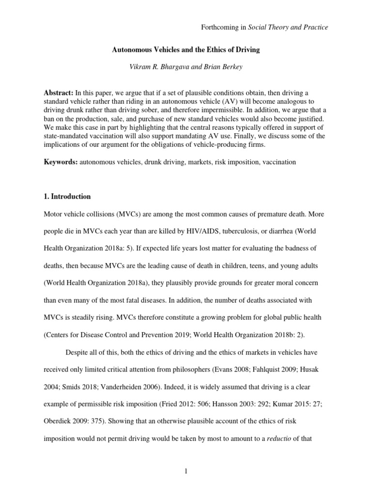 Ethics of Autonomous Vehicles | PDF | Risk | Reason