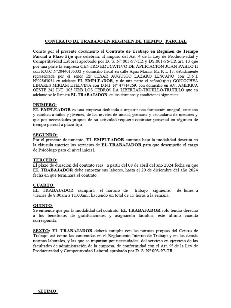 Modelo de Contrato A Tiempo Parcial | PDF | Derecho laboral | Economias