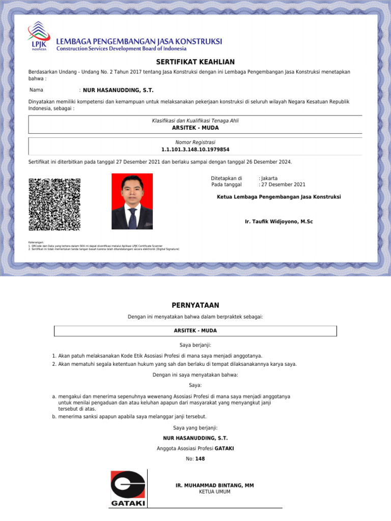 Sertifikat Arsitek Muda Nur Hasanudding | PDF
