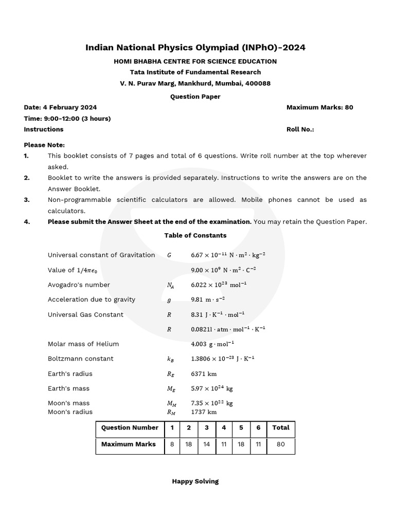 INPHO Question Paper 04-02-2024 | PDF | Ellipse | Orbit