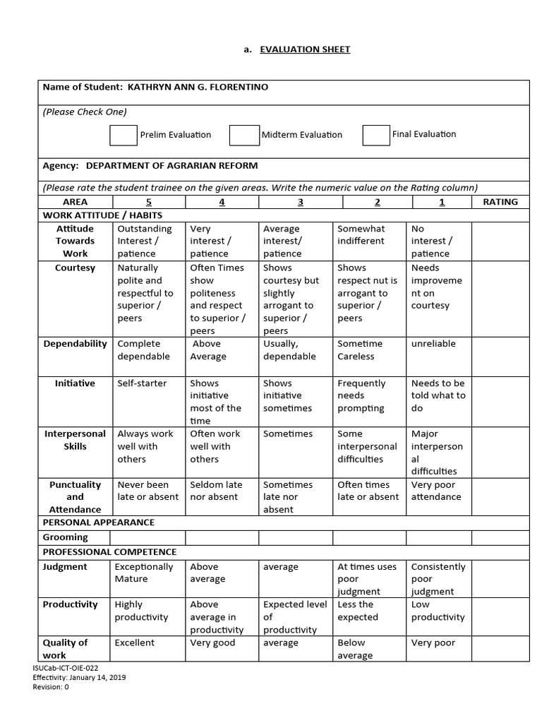 Ojt Internship Evaluation Form | PDF | Psychological Concepts | Cognition