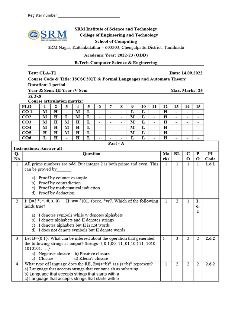 CT1 101931 18CSC301T SetB QP | PDF | Theoretical Computer Science | Syntax (Logic)