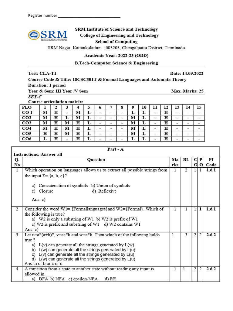 CT1 101931 18CSC301T SetC AK | PDF | Computing | Computer Programming