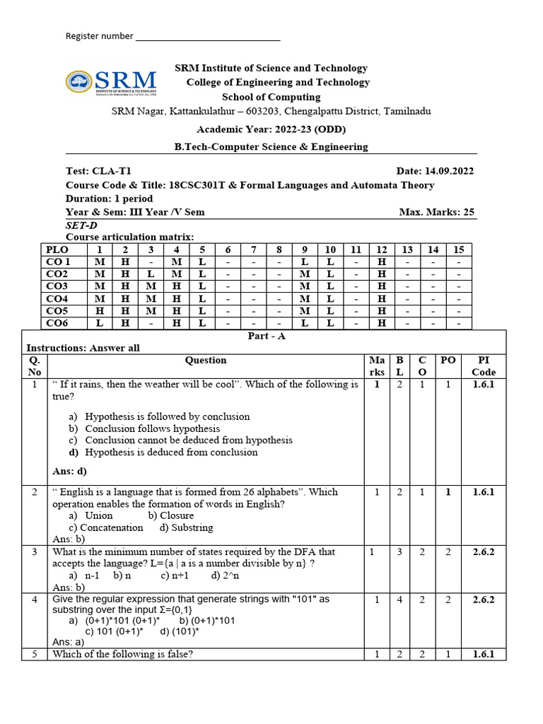 CT1 101931 18CSC301T SetD AK | PDF | String (Computer Science) | Formalism (Deductive)