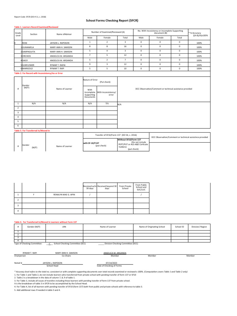 School Forms Checking Report Excel | PDF