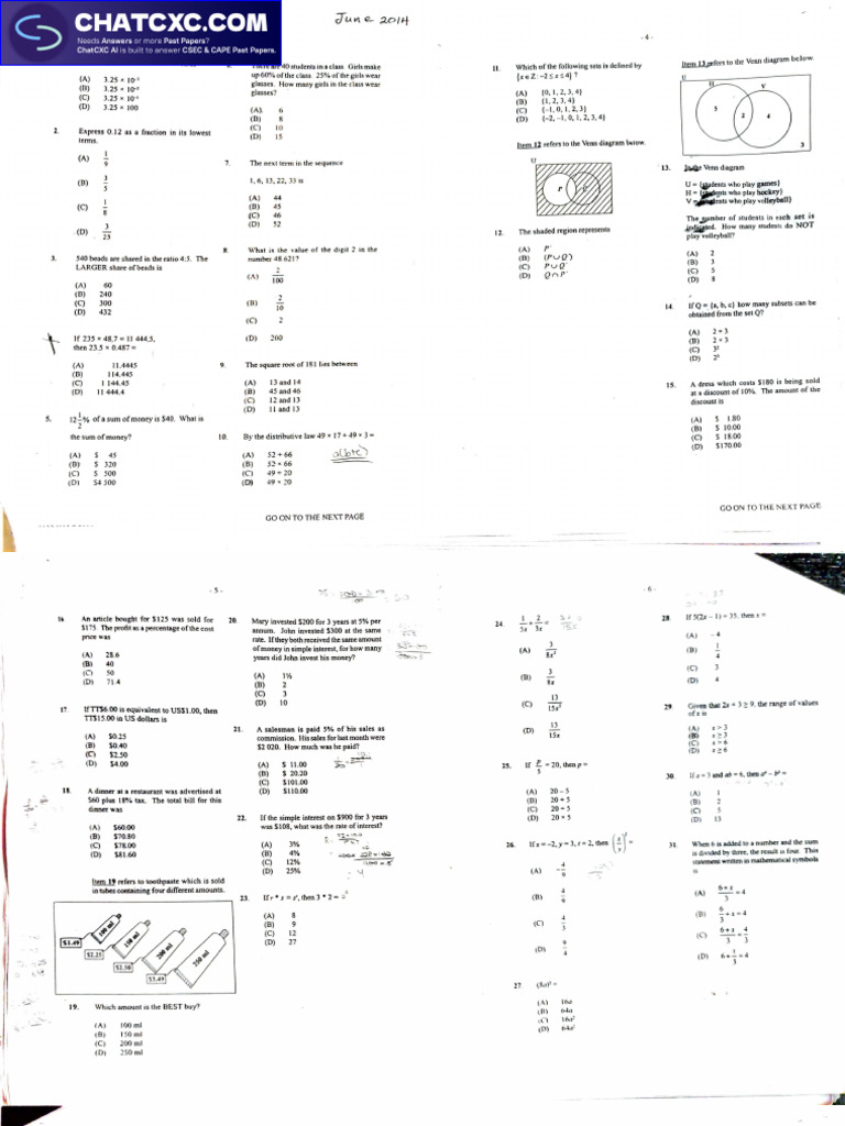Csec Mathematics P1 2014 Pdf