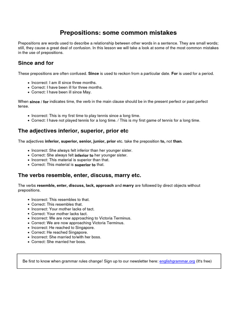 Prepositions Some Common Mistakes | PDF | Preposition And Postposition ...