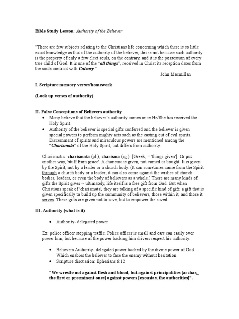 Bible Study Lesson Authority Of Believer Pdf Spiritual Gift Charisma