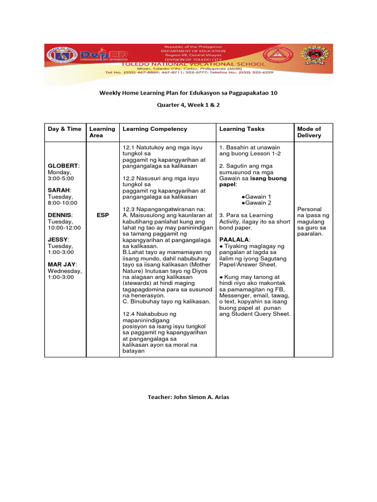 ESP 10 Q4W1 2 Mini Lesson With WHLP and LAS | PDF