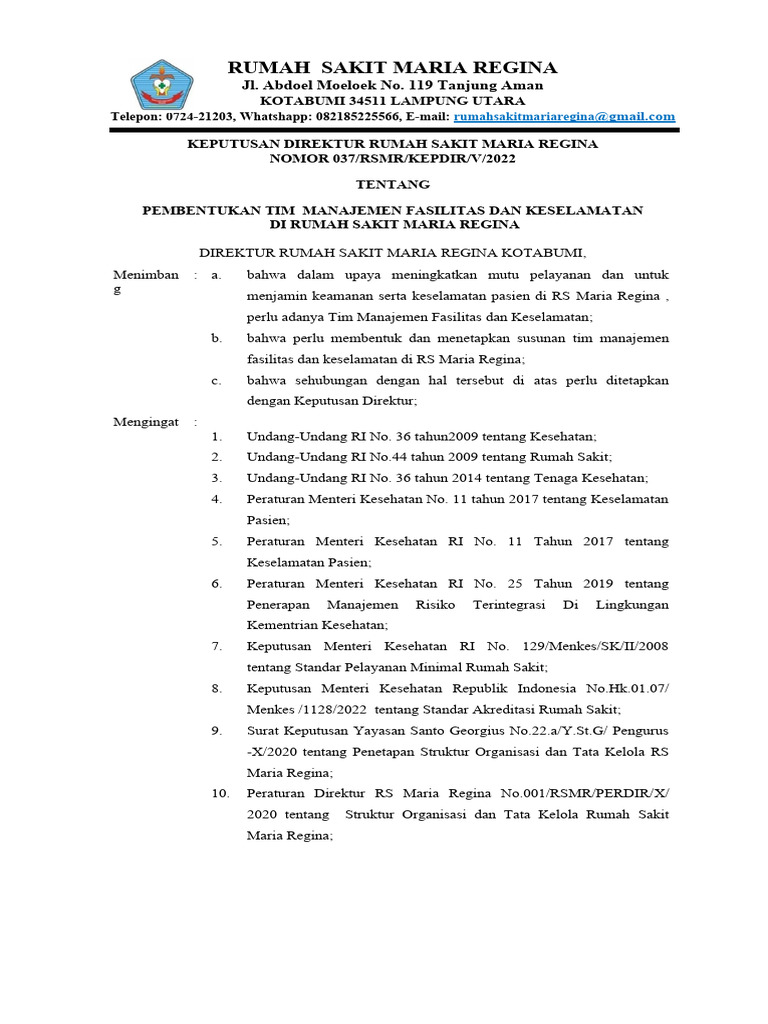 Pembentukan Tim Keselamatan RS Maria Regina | PDF