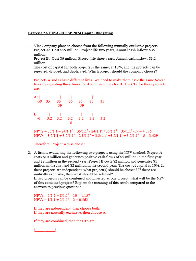 Exercise 2A FINA2010 SP 2024 Capital Budgeting A | PDF | Capital Budgeting | Net Present Value