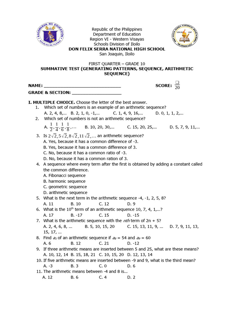 Summative Test #1 - 1st Q | PDF | Sequence | Mathematical Concepts