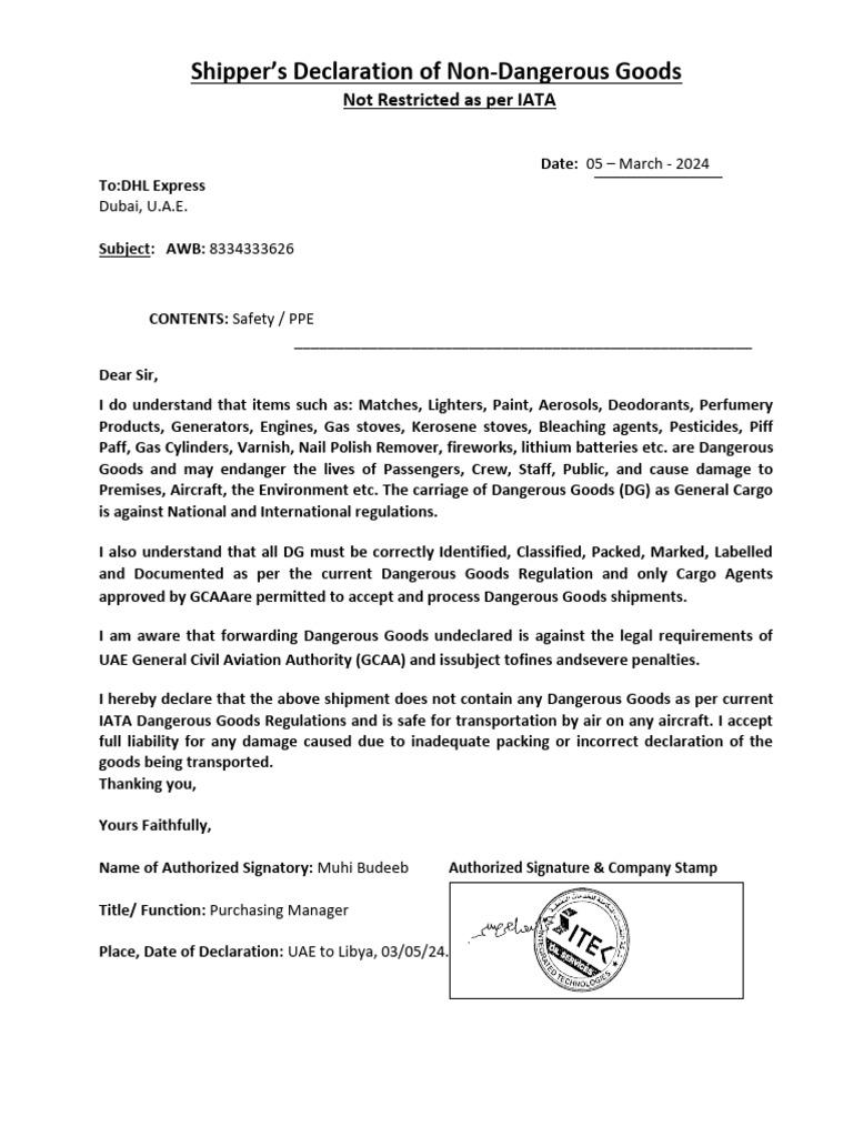 Shippers Declaration of Non DG DHL(2) | PDF