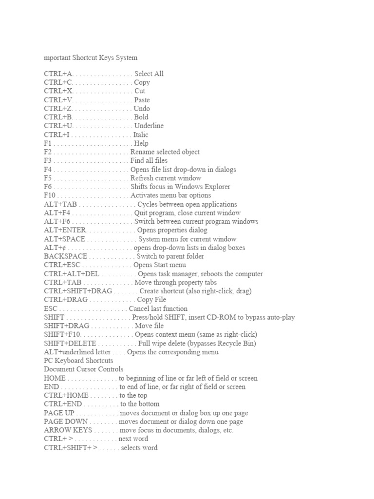 Important Shortcut Keys System | PDF | System Software | Software
