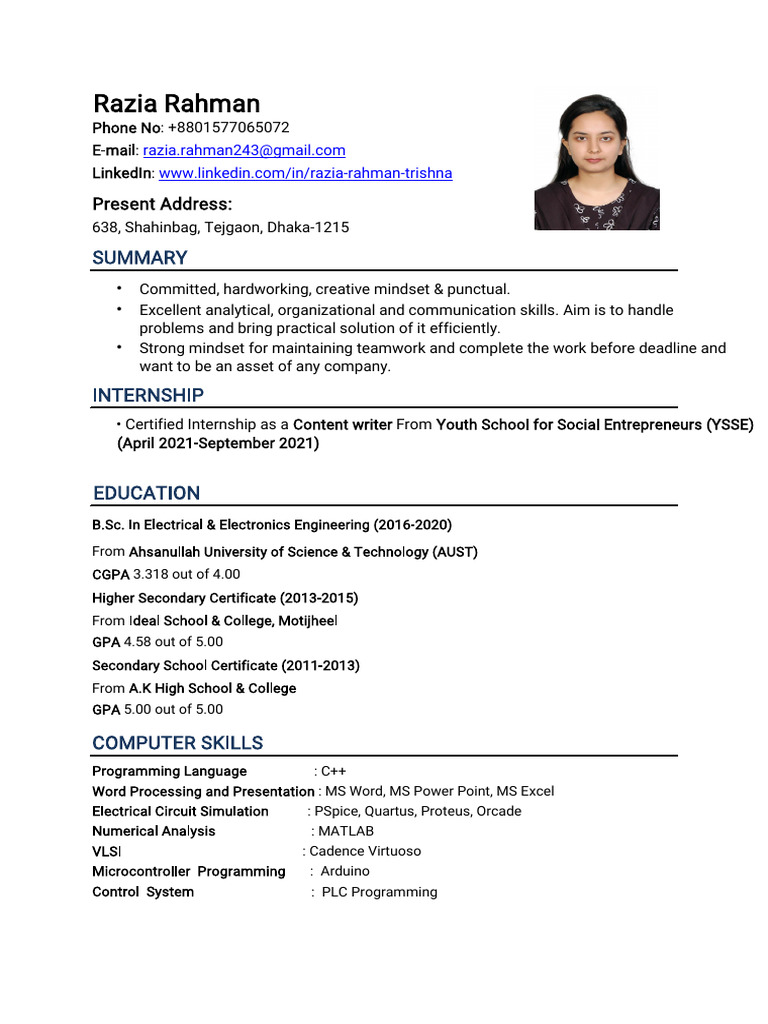 Razia Rahman CV | PDF | Electronics | Electrical Engineering