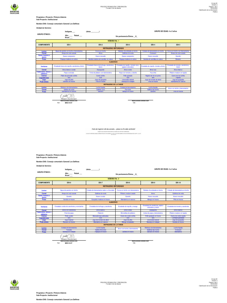 CICLO DE MENU Niños ICBF | Descargar gratis PDF | ensalada | Fruta