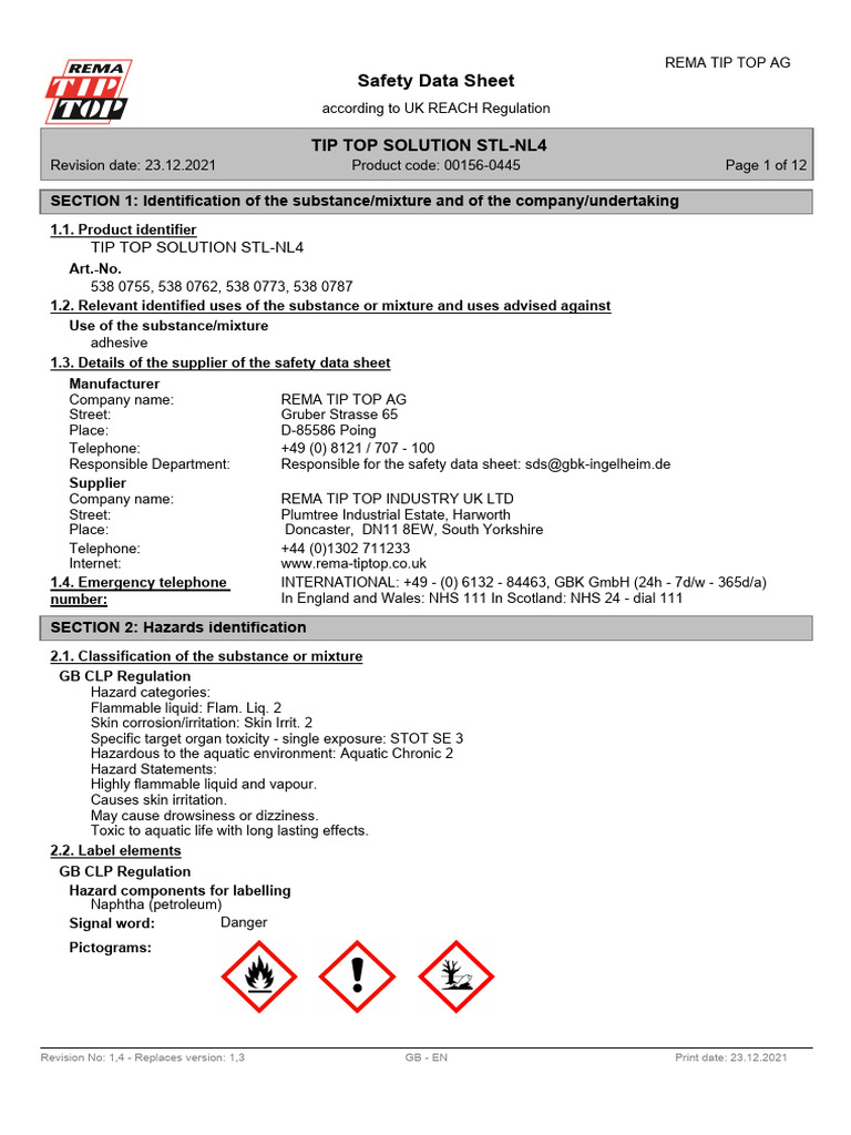 MSDS Tip Top Solution STL-NL4 | PDF | Carbon Dioxide | Safety