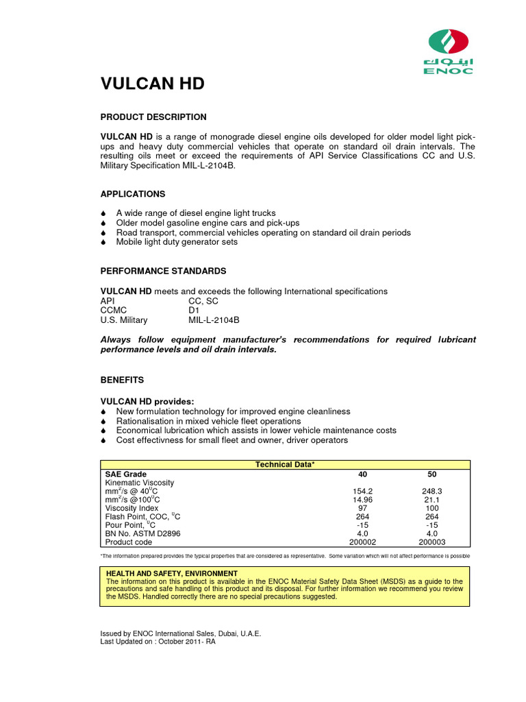 VULCAN HD Diesel Engine Oil Guide | PDF | Engineering | Land Vehicles