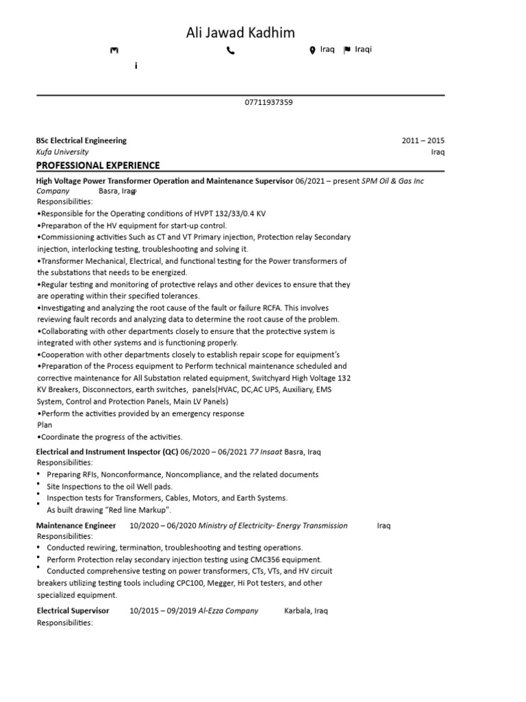 Ali Jawad CV | PDF | Electrical Substation | Transformer