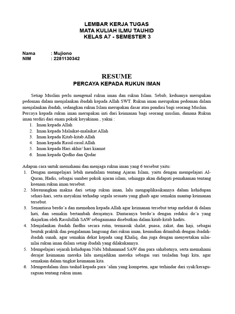 Resume Tauhid Rukun Iman | PDF | Karier & Perkembangan | Agama ...