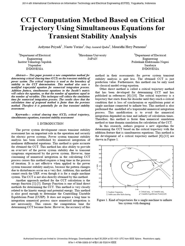 Cct Computation Method Based On Critical Trajectory Using Simultaneous Equations For Transient