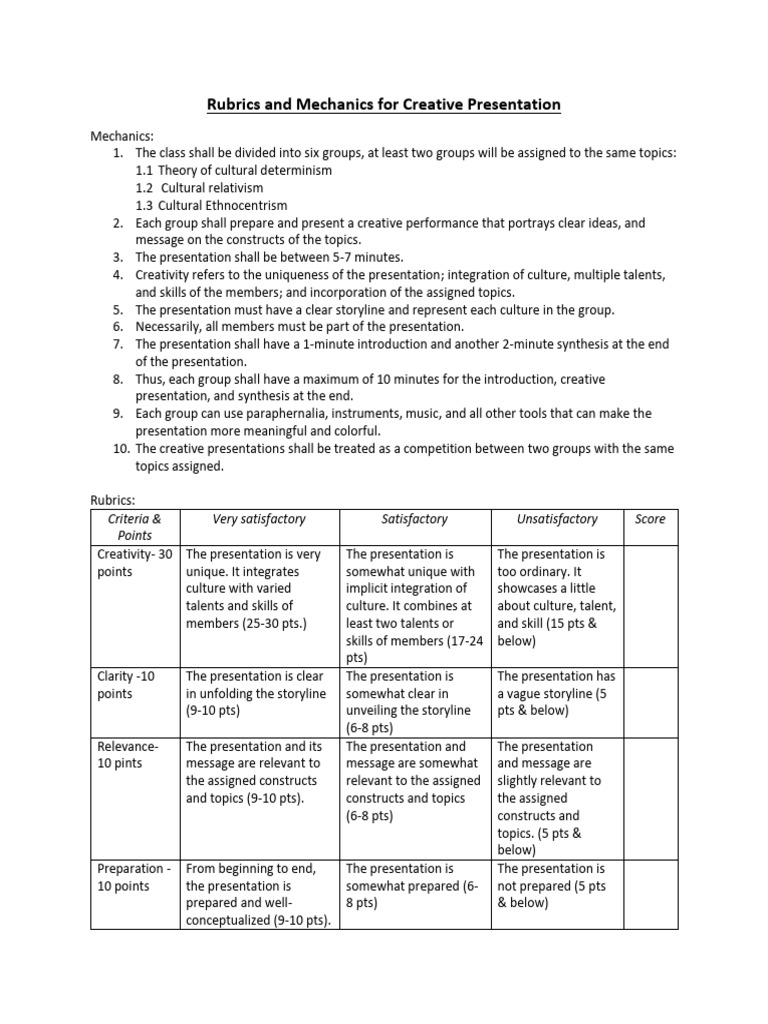 Rubrics and Mechanics for Creative Presentation | PDF | Liberal Arts Education