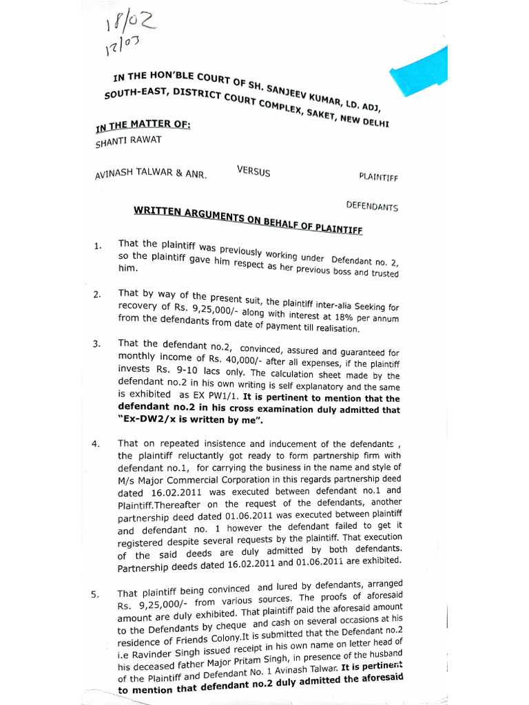 Written Arguments Plaintiff Civil Suit | PDF