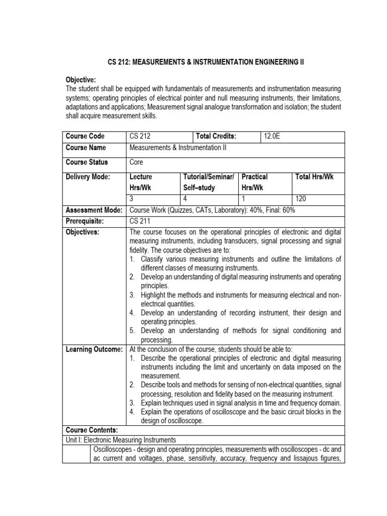 CS 212 - Course Outline - New | PDF | Instrumentation | Electrical ...
