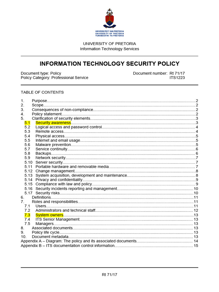 Pretoria University Information Technology Security Policy | PDF ...